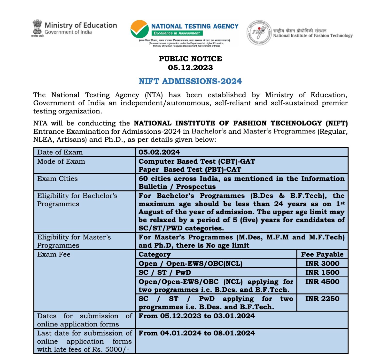 NIFT Admission 2024 : Prospectus, Notification, Eligibility, Date